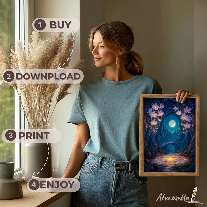 Moonlit Orchid Grotto – Enchanted Cave With Glowing Circle – Mystical ...