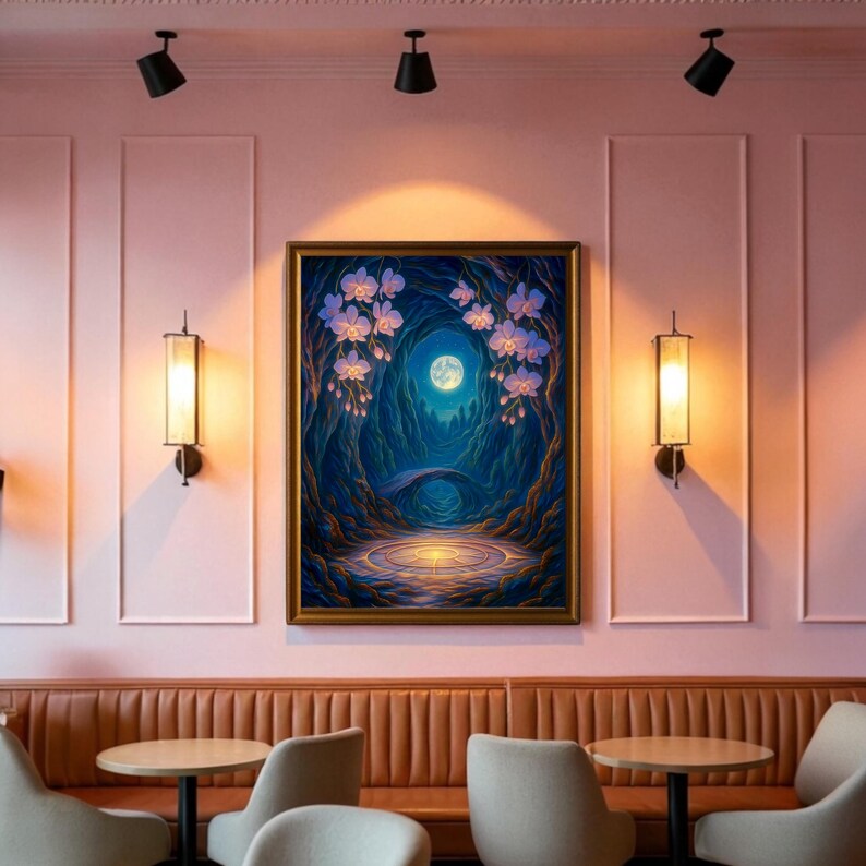 Moonlit Orchid Grotto – Enchanted Cave With Glowing Circle – Mystical ...