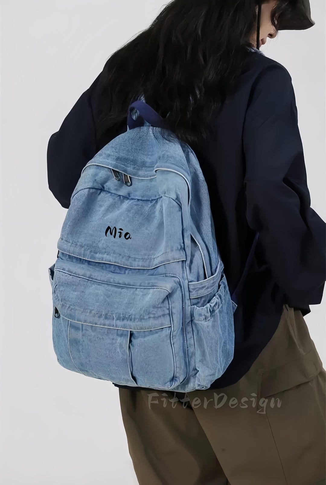 Custom Embroidered Denim Backpack, Vintage Canvas Rucksack, Multi ...