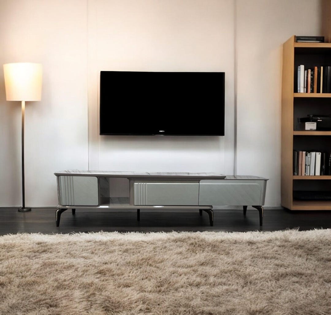 Modern Marble Top TV Stand, Grey Finish Extendable - Etsy