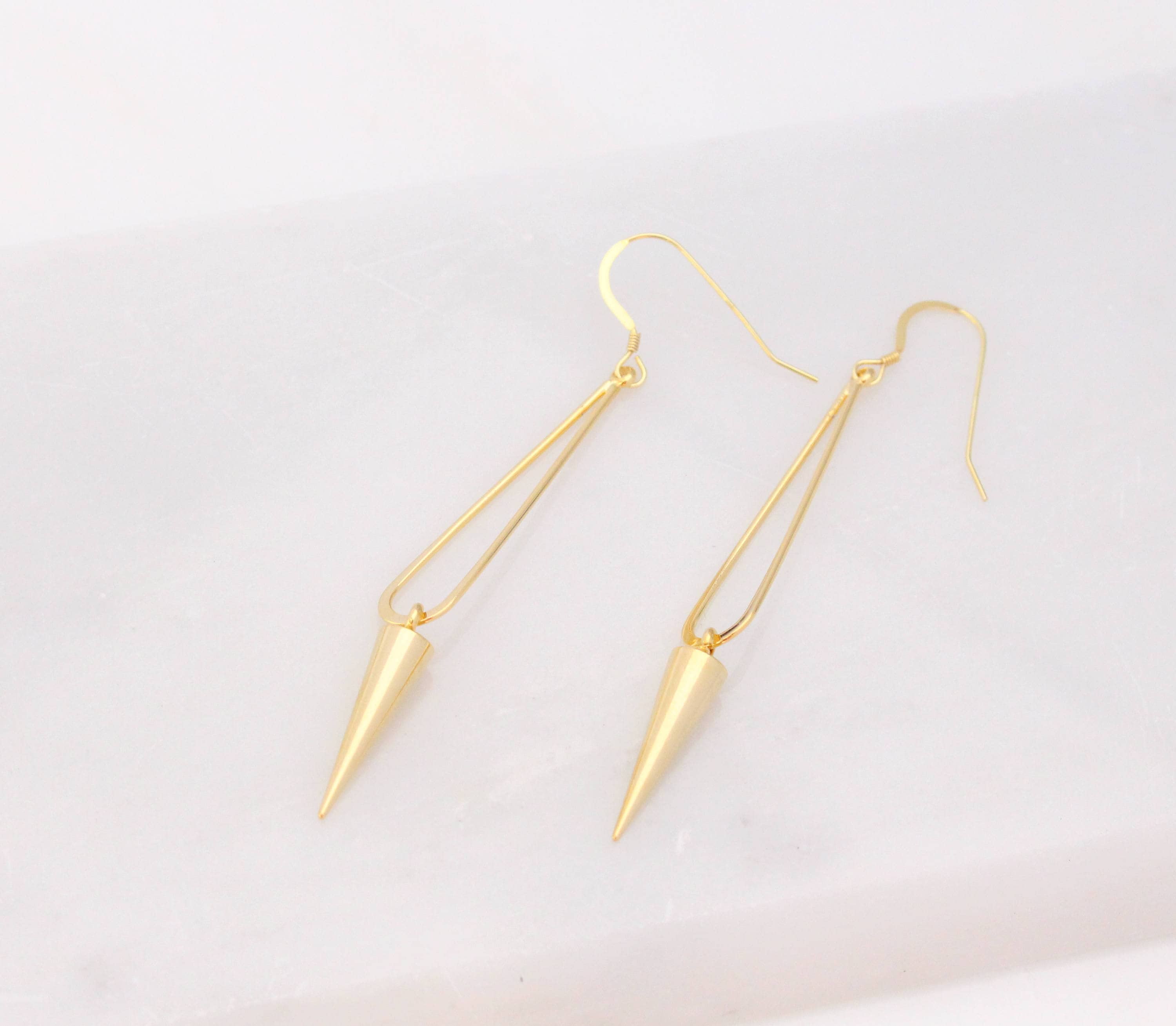 Gold or Silver Thin Long Spike Drop Earrings, Geometric Drop Earrings ...