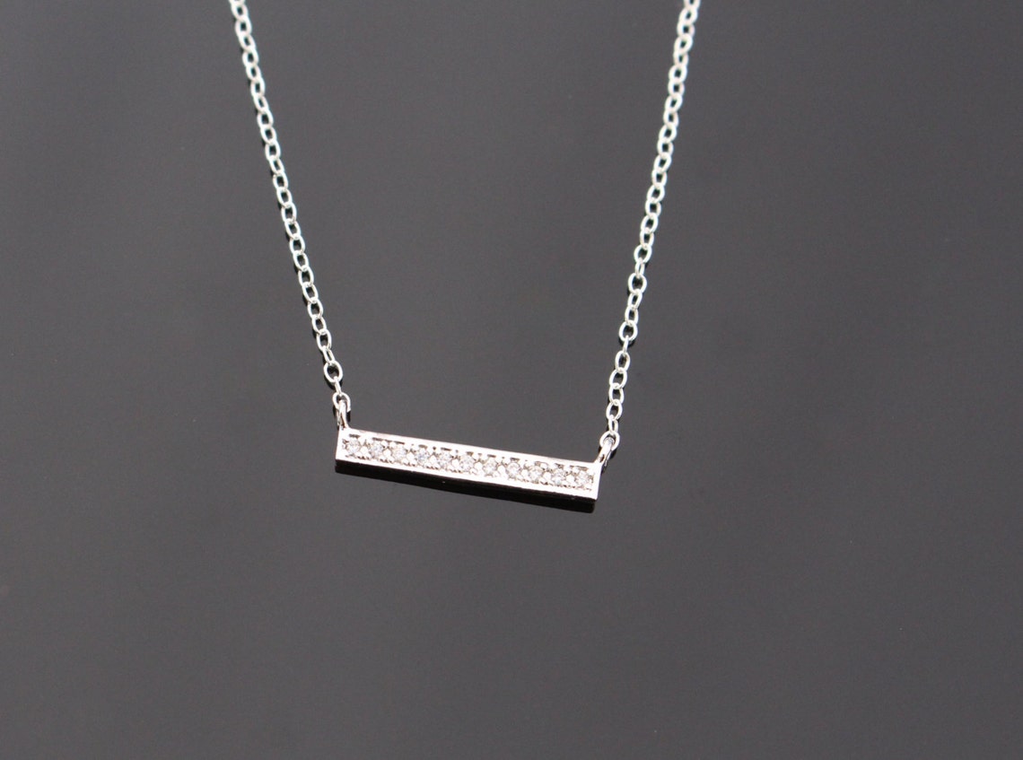 Thin Small Paved Diamond Bar Necklace, Petite Small Crystal Bar ...