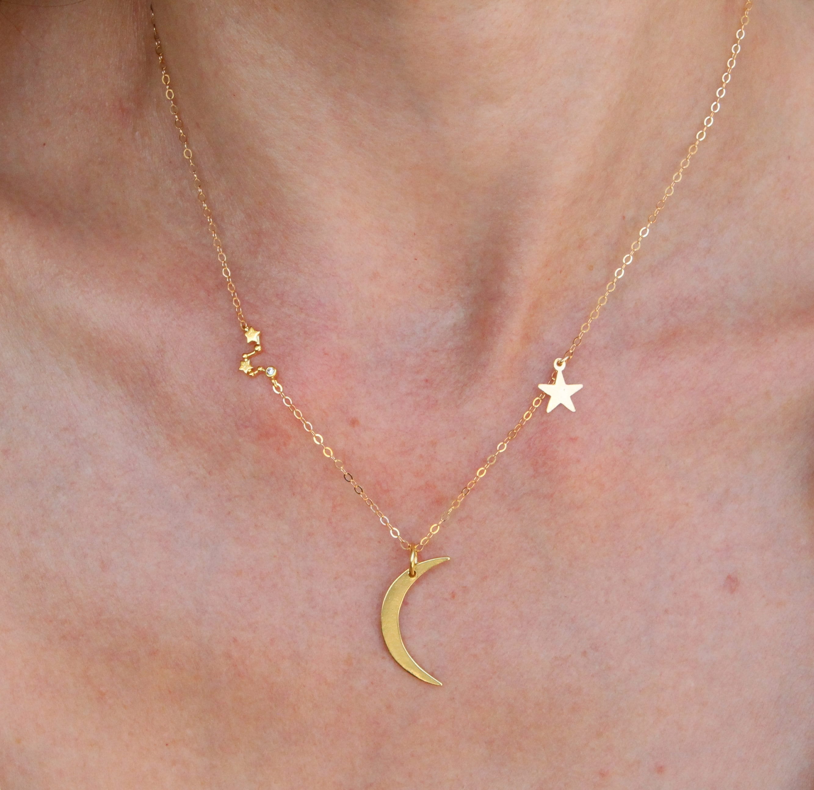 Dainty Zodiac Sign, Moon and Star Necklace, Constellation Necklace, Zodiac Outline Layering ...