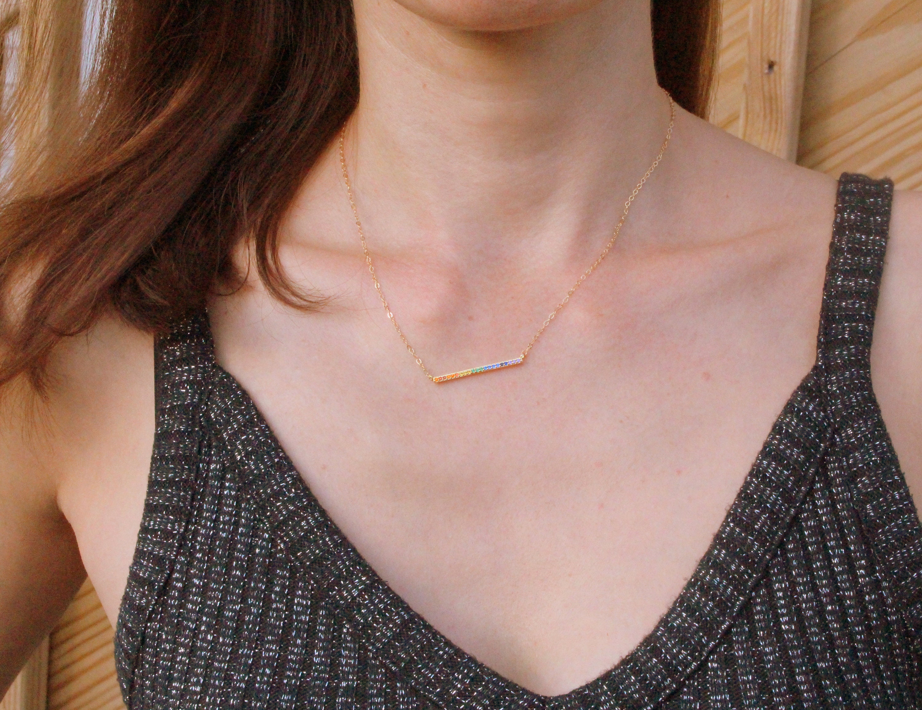 Thin Horizontal Rainbow Crystal Bar Connector Necklace Long | Etsy