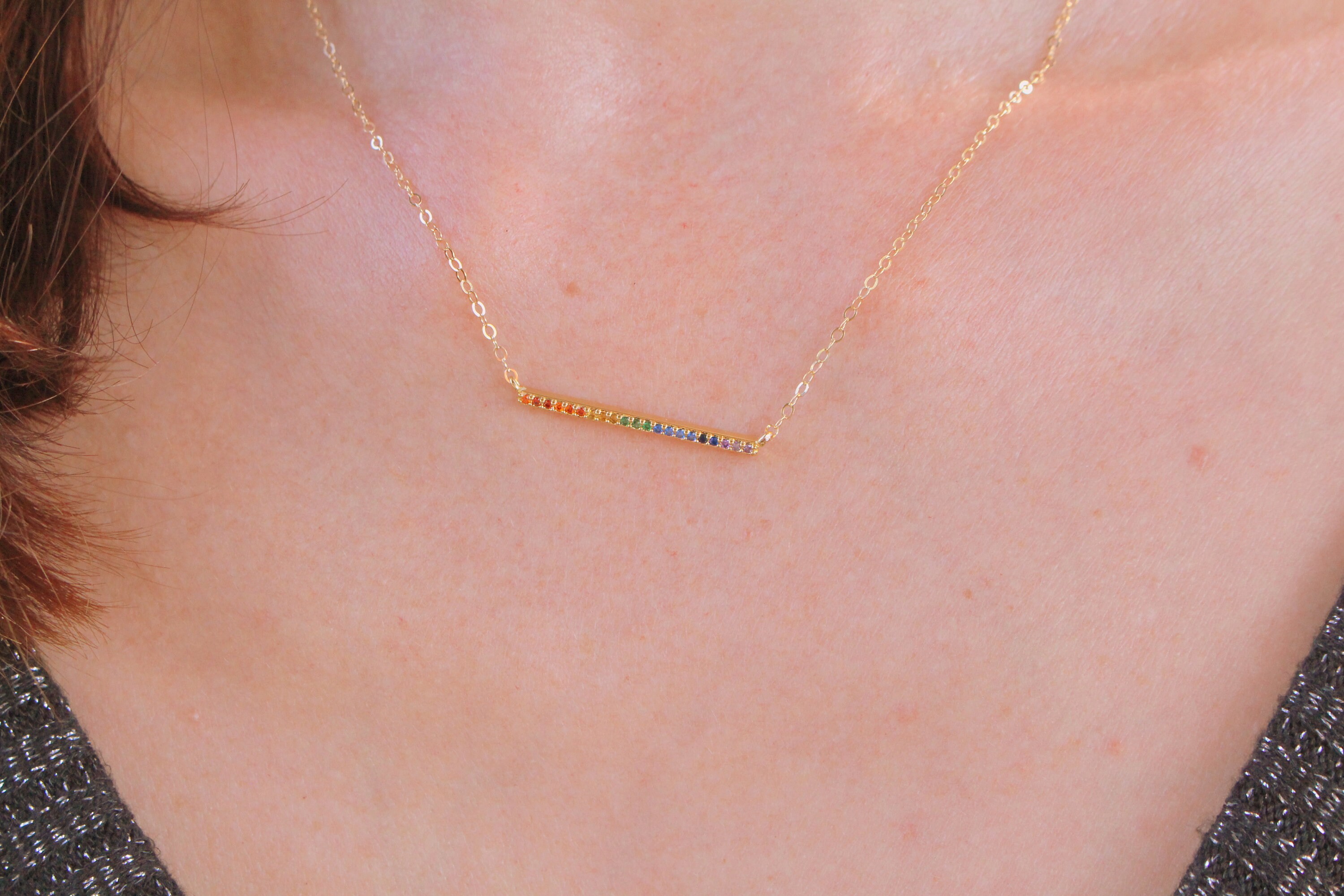 Thin Horizontal Rainbow Crystal Bar Connector Necklace Long | Etsy