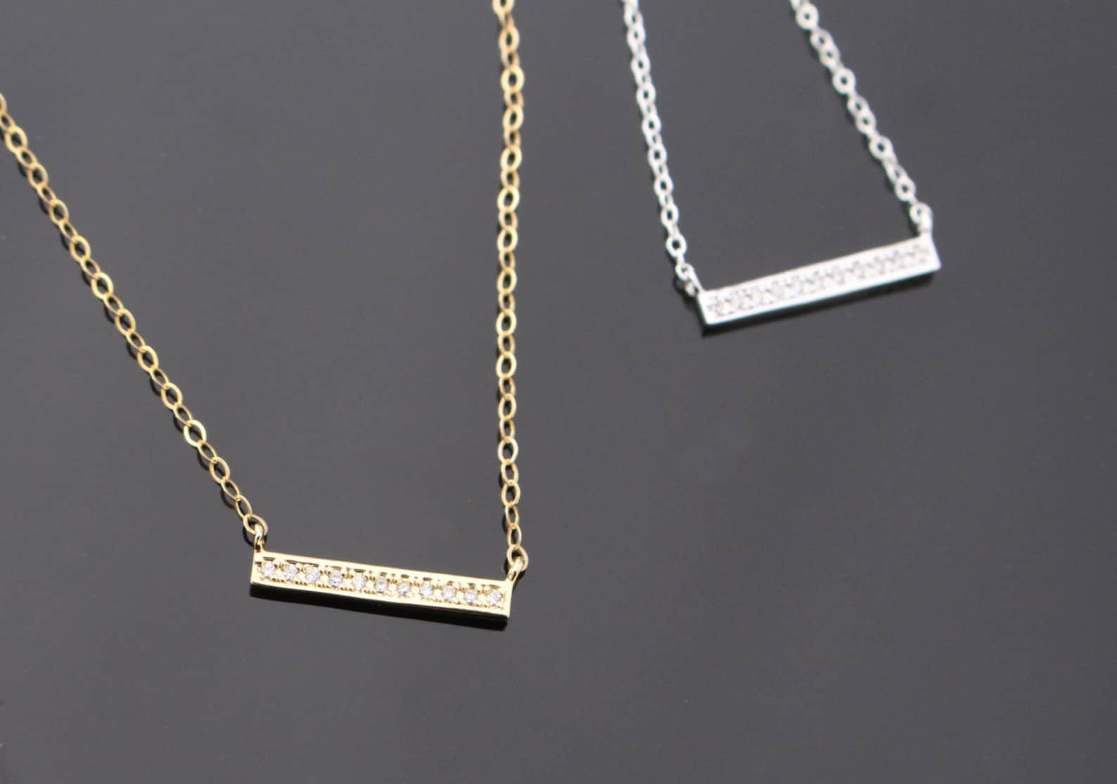 Thin Small Paved Diamond Bar Necklace, Petite Small Crystal Bar ...