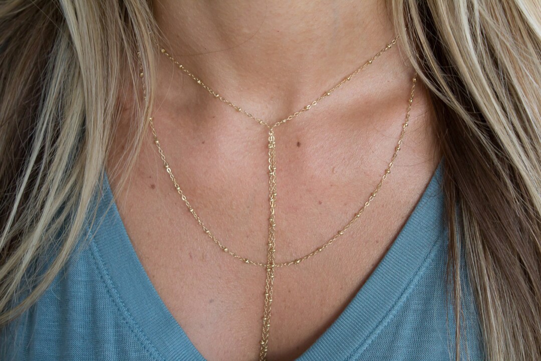 Double Thin Beaded Chain Layered Necklace, Delicate Chain Layer ...