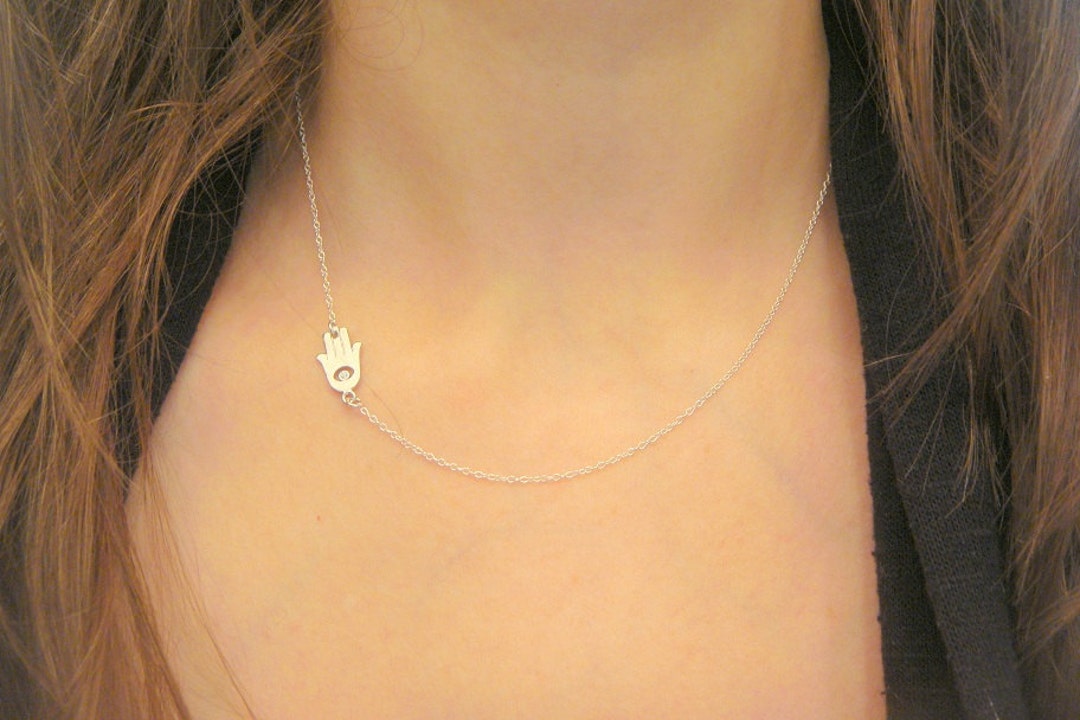 Sterling Silver Crystal Sideways off Center Hamsa Hand Necklace, Dainty ...