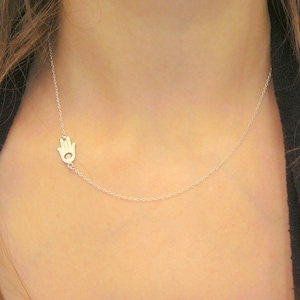 Sterling Silver Crystal Sideways off Center Hamsa Hand Necklace, Dainty ...