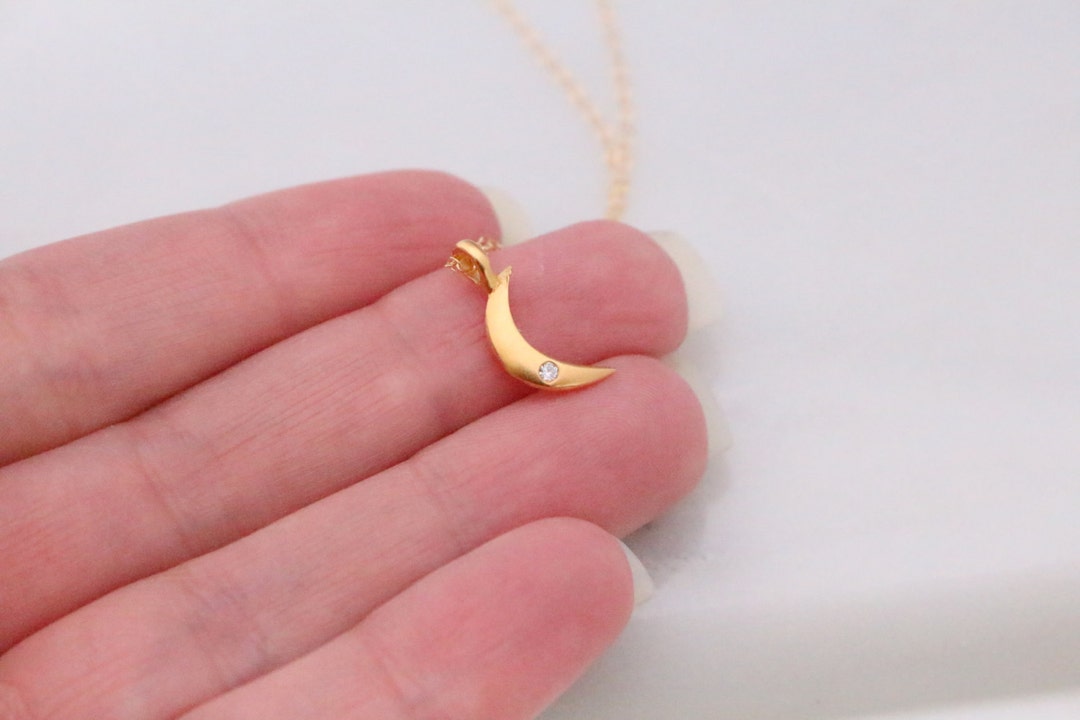 Small Half Moon Charm With White Sapphire Necklace, Crescent Moon ...