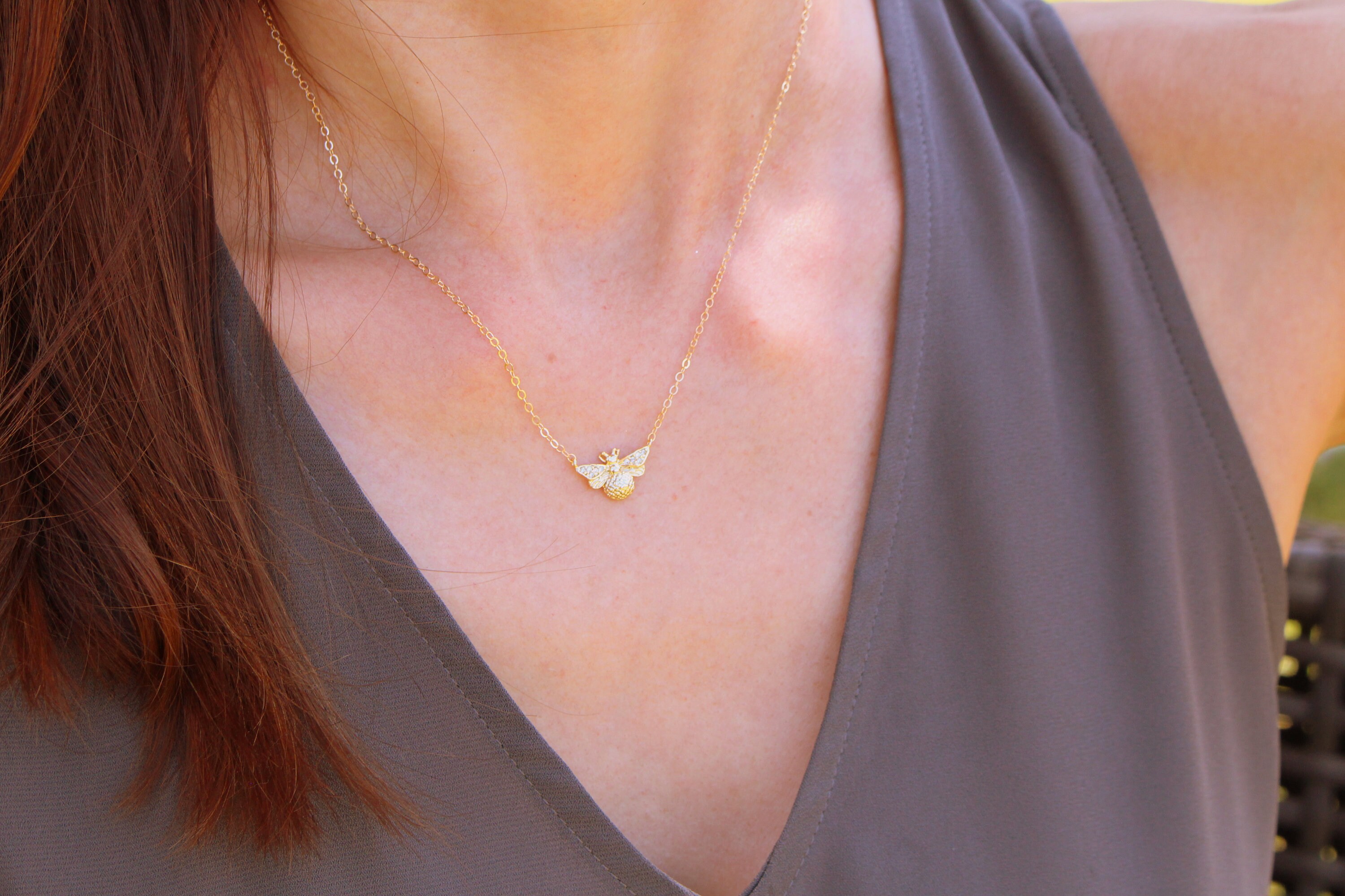 Dainty Gold Crystal Buzzing Bee Charm Necklace, Small Bumble Bee Charm ...
