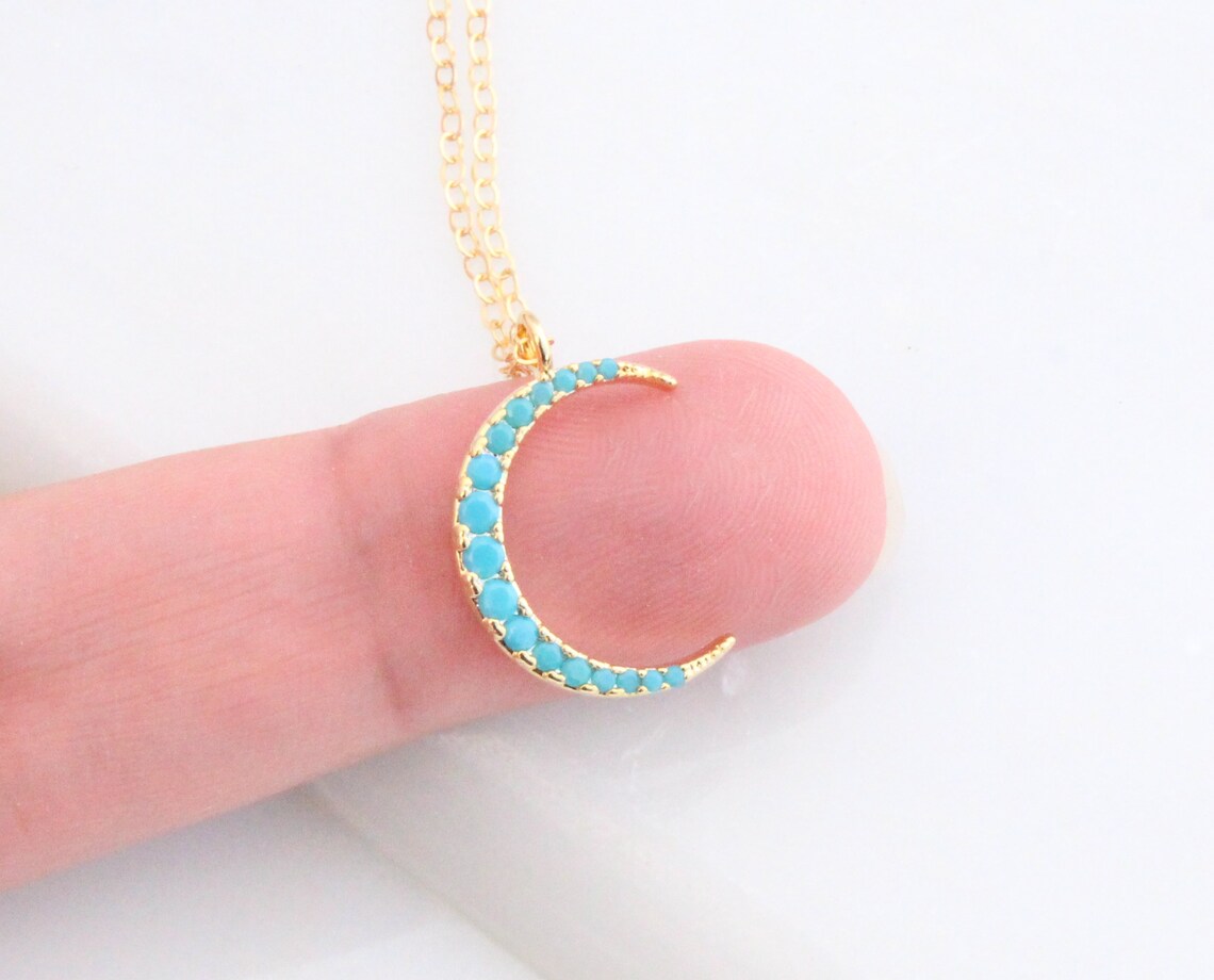 Delicate Turquoise Crescent Moon Necklace Dainty Gold | Etsy