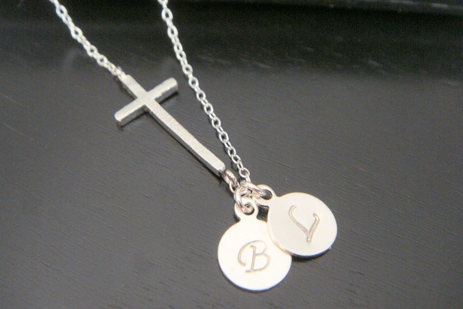 Sterling Silver Initial Disc and Cross Necklace, Two Initial Necklace ...