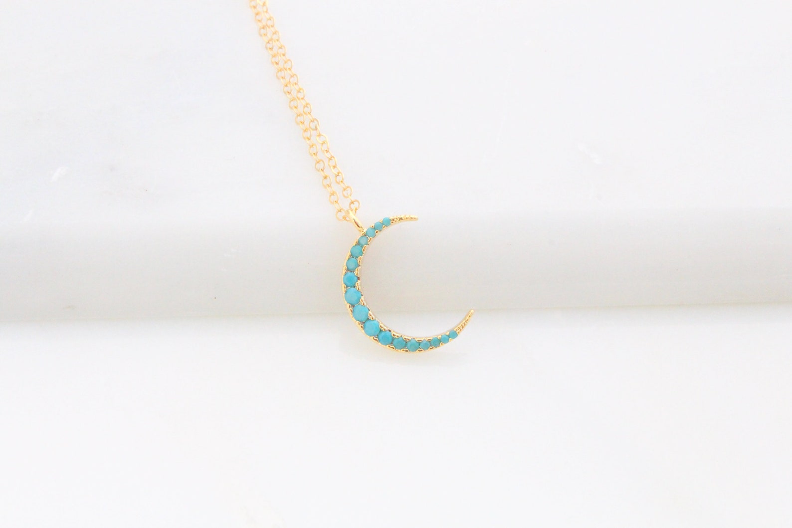 Delicate Turquoise Crescent Moon Necklace Dainty Gold | Etsy