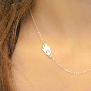 Sterling Silver Crystal Sideways off Center Hamsa Hand Necklace, Dainty ...