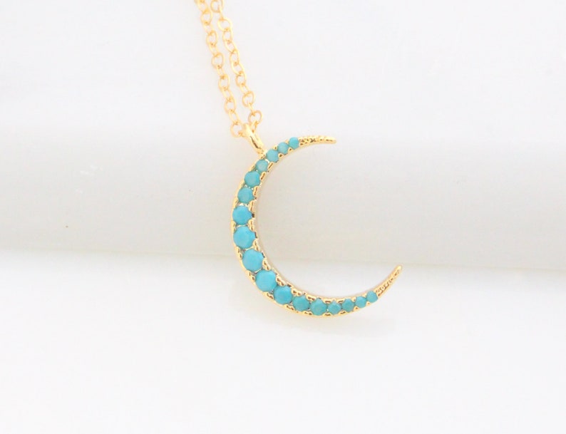 Delicate Turquoise Crescent Moon Necklace Dainty Gold | Etsy