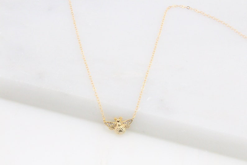 Dainty Gold Crystal Buzzing Bee Charm Necklace, Small Bumble Bee Charm ...