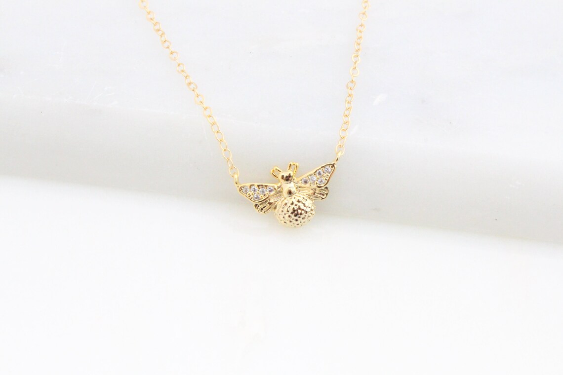 Dainty Gold Crystal Buzzing Bee Charm Necklace, Small Bumble Bee Charm ...