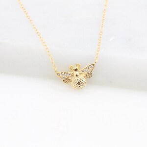 Dainty Gold Crystal Buzzing Bee Charm Necklace, Small Bumble Bee Charm ...