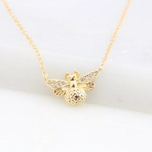 Dainty Gold Crystal Buzzing Bee Charm Necklace, Small Bumble Bee Charm ...