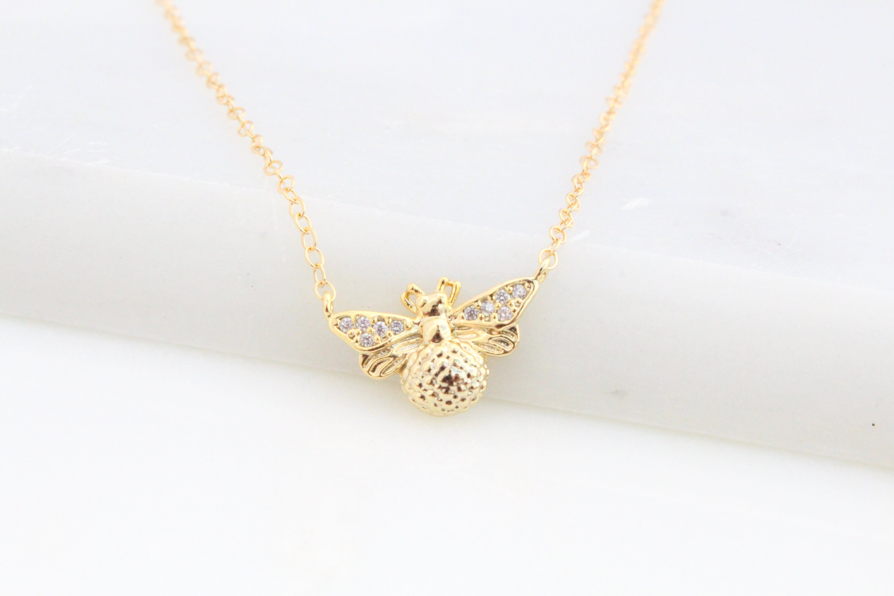 Dainty Gold Crystal Buzzing Bee Charm Necklace, Small Bumble Bee Charm ...