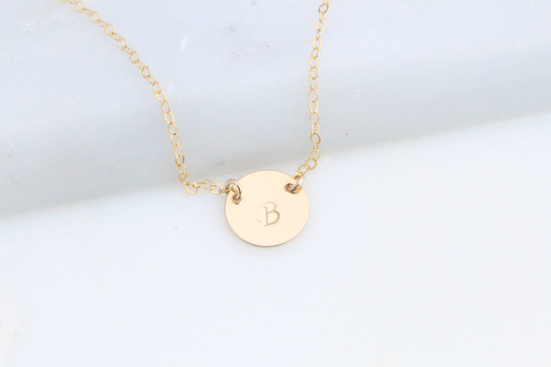 Small Gold Hand Stamped Initial Disc Necklace, Dainty Everyday Necklace ...
