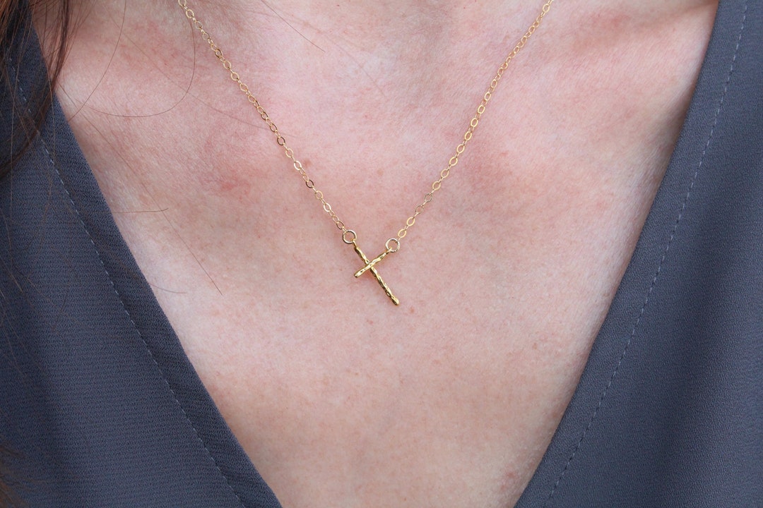 Gold Sideways Thin Plain Cross Necklace, Simple Criss Cross Necklace ...