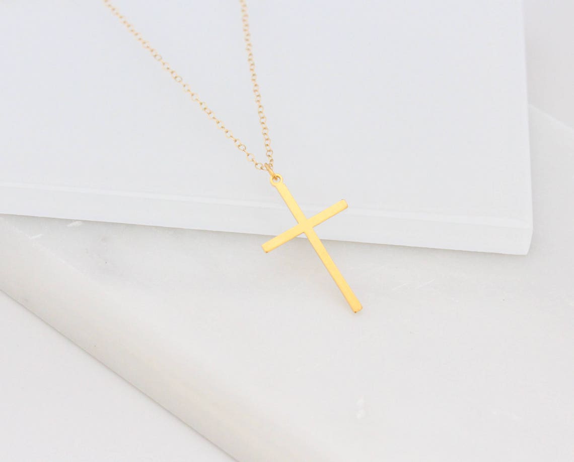 Large Simple Gold Cross Necklace, Vermeil Gold Plain Cross Necklace ...