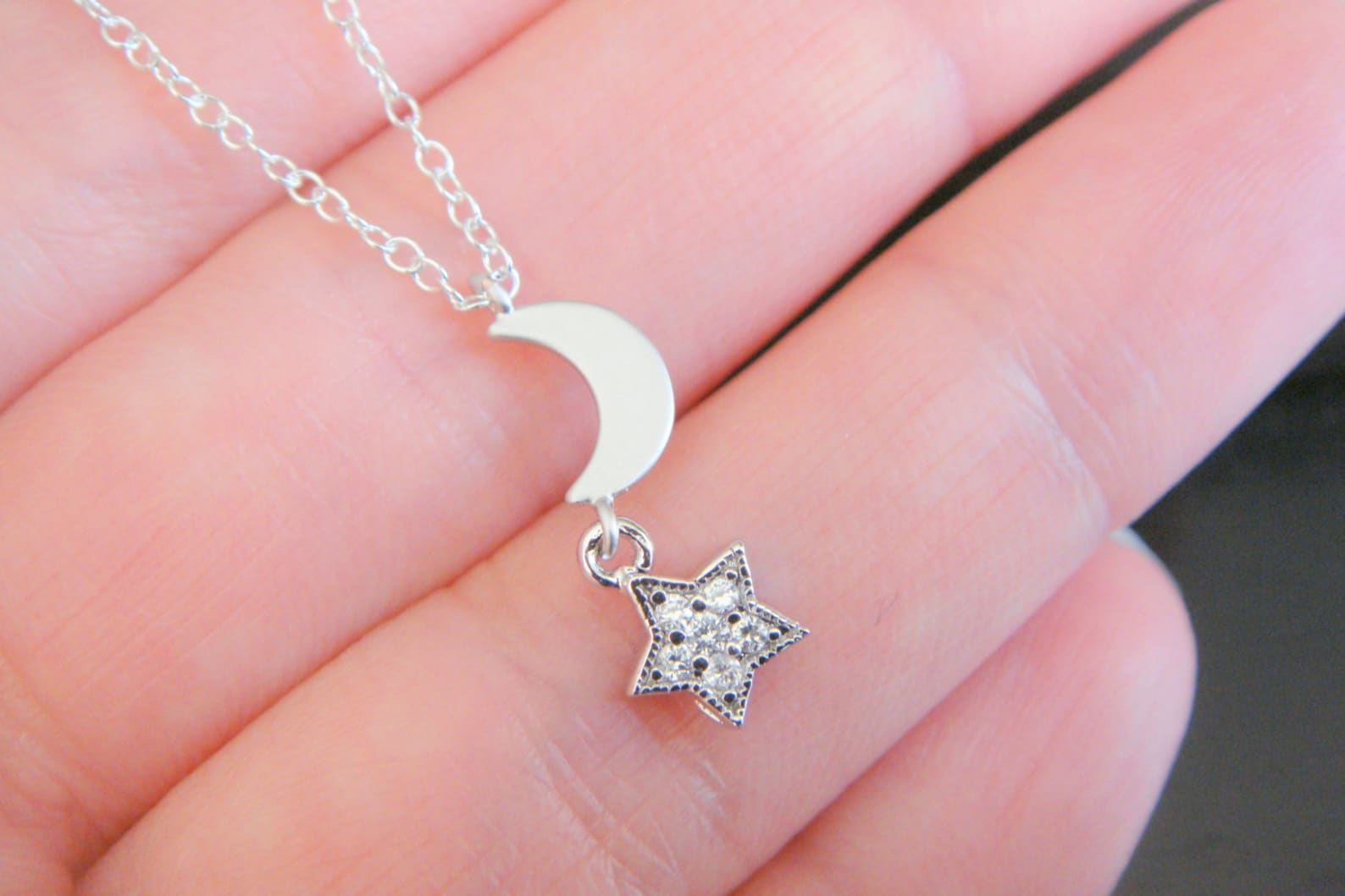 Sterling Silver Tiny Star and Moon Necklace, Minimalist Everyday Casul ...