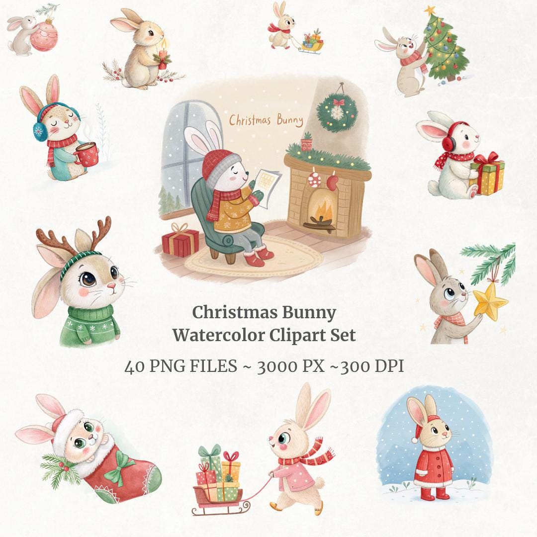 Christmas Bunny Watercolor Clipart: Holiday Rabbits (40 PNG) - Etsy