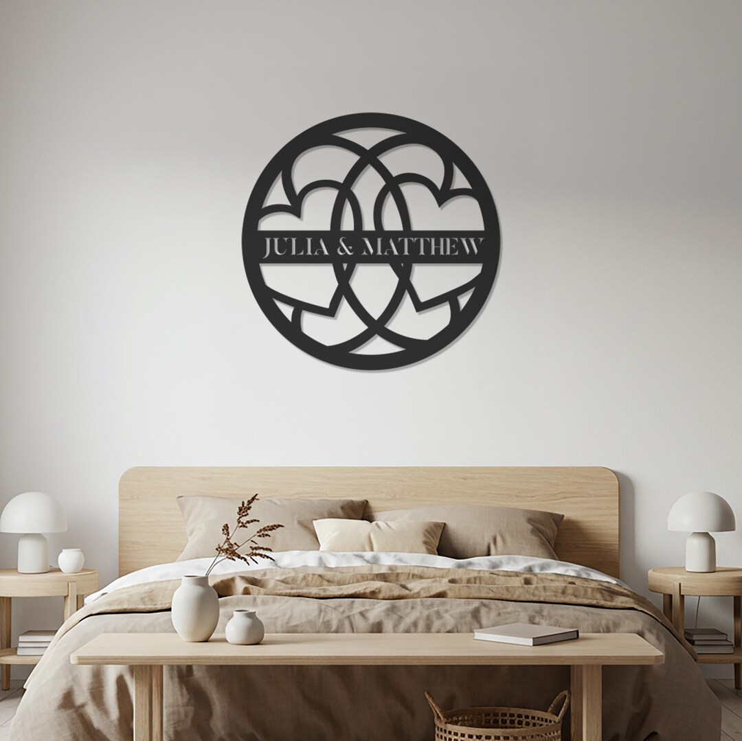 Double Heart Name Sign, Custom Couple Metal Wall Art, Intertwined ...