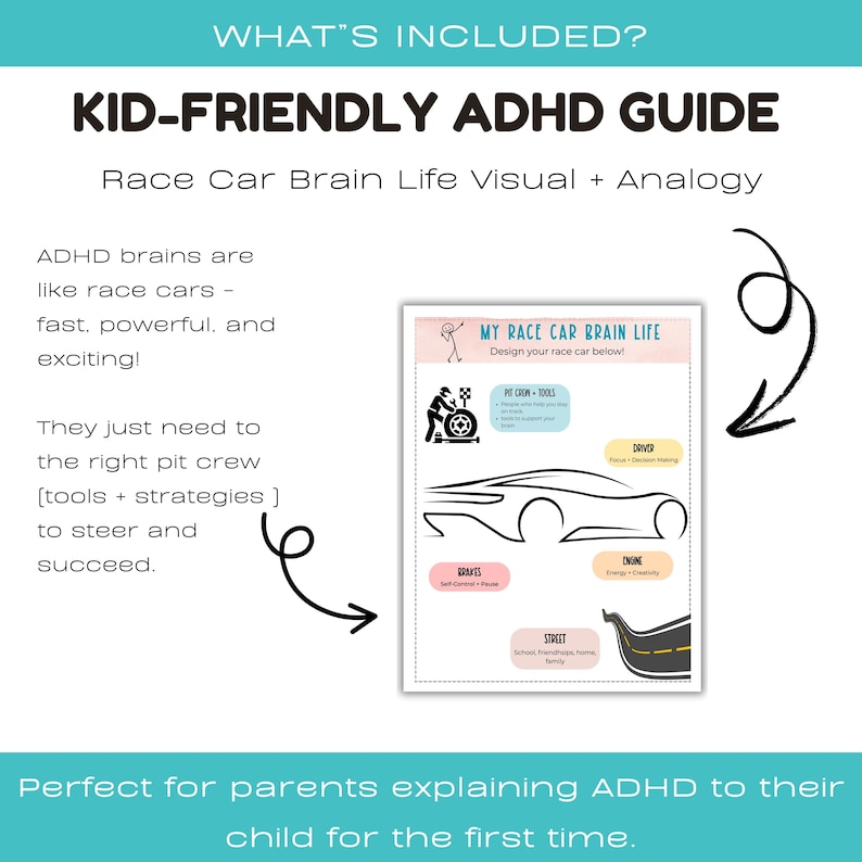 ADHD Guide for Kids: Race Car Analogy, Self-reflection (printable PDF ...
