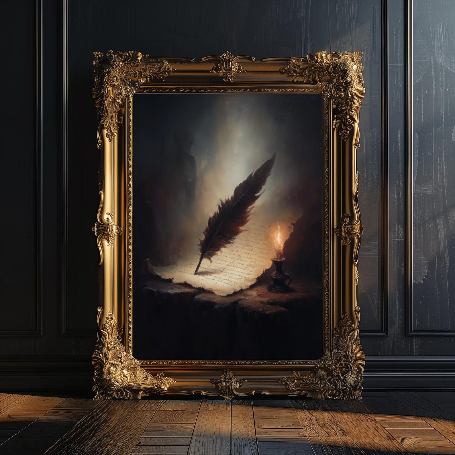 Gothic Quill Art Print, Dark Fantasy Writing Desk Painting, Candlelight ...