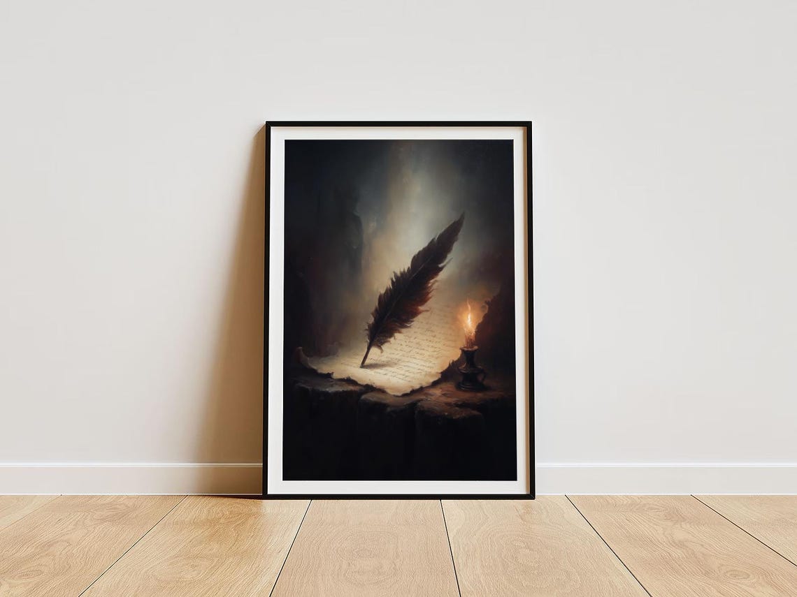 Gothic Quill Art Print, Dark Fantasy Writing Desk Painting, Candlelight ...