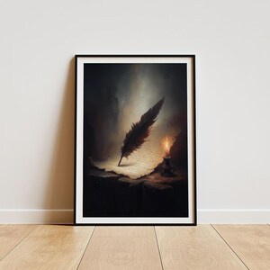 Gothic Quill Art Print, Dark Fantasy Writing Desk Painting, Candlelight ...