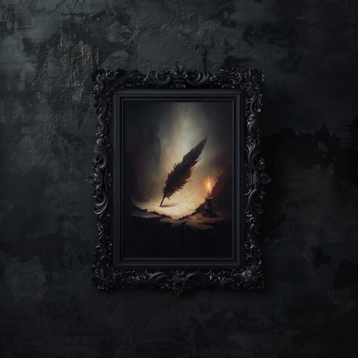 Gothic Quill Art Print, Dark Fantasy Writing Desk Painting, Candlelight ...