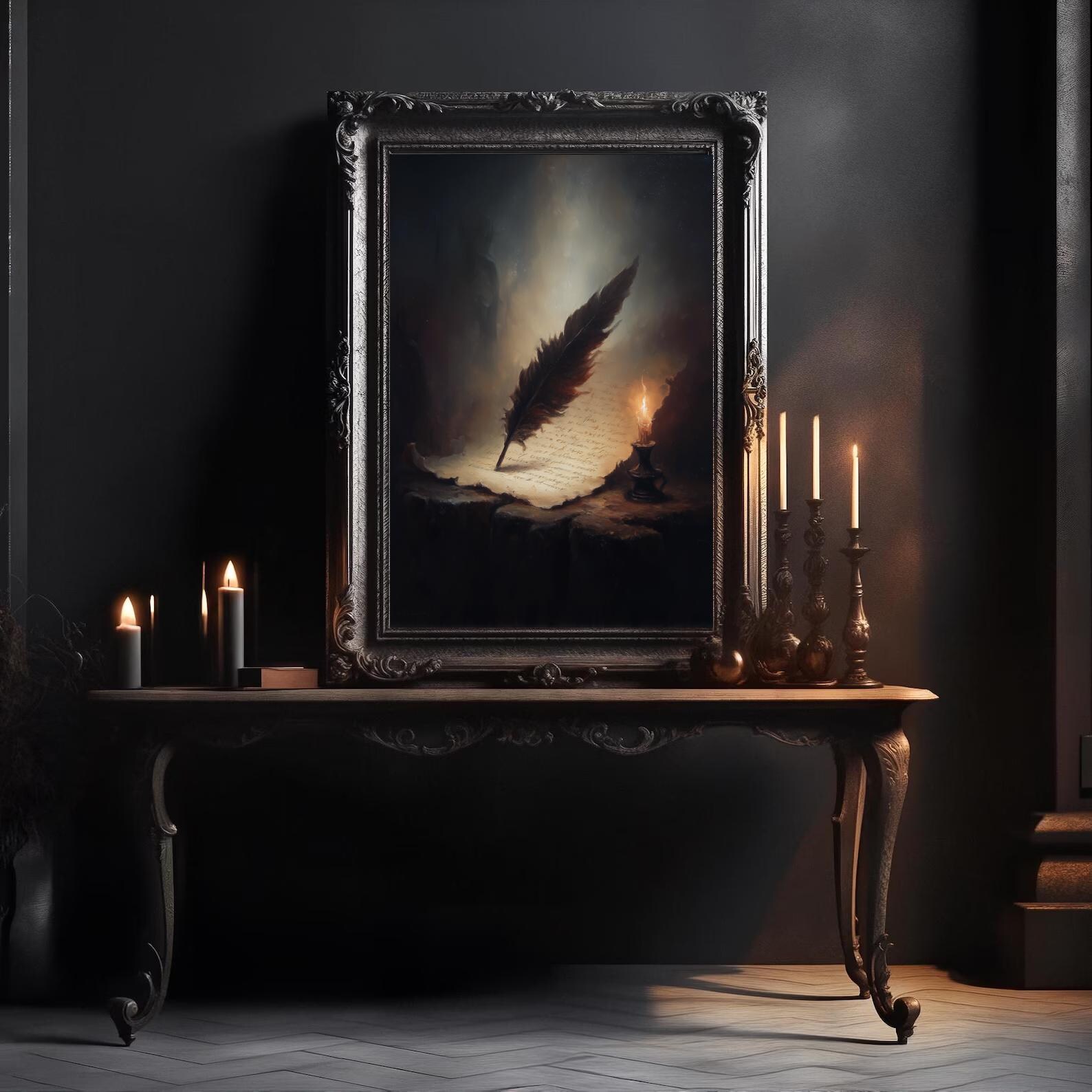 Gothic Quill Art Print, Dark Fantasy Writing Desk Painting, Candlelight ...