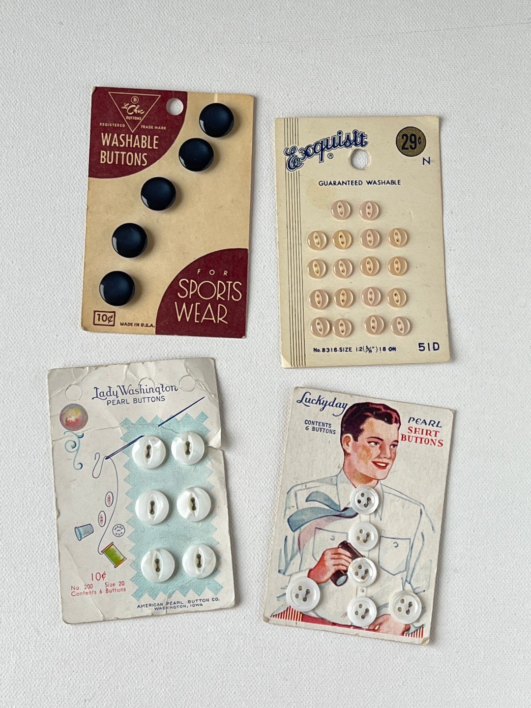 1940s Button Cards Lot of 4, Le Chic, Lucky Day, Baby Buttons ...
