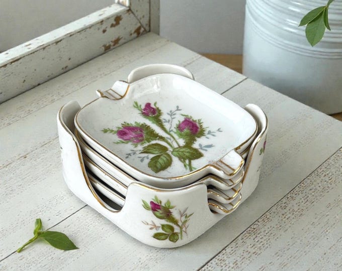 5 Piece Vintage Nesting Ashtray Set - Rosebuds on Porcelain - Interco ...