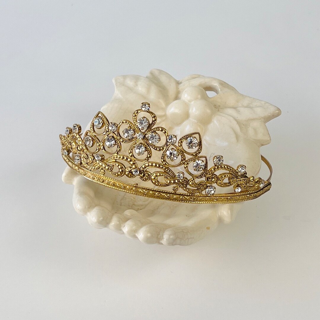 1960s Vintage Rhinestone Tiara, Detailed Gold Crown Hair Accessory 6034 ...