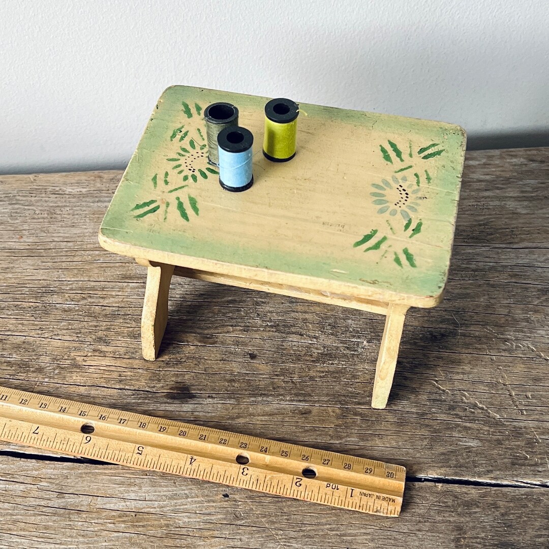 1940s Doll Table, Yellow Stencil Top Wooden Trestle Table 4” Tall 1/8 ...