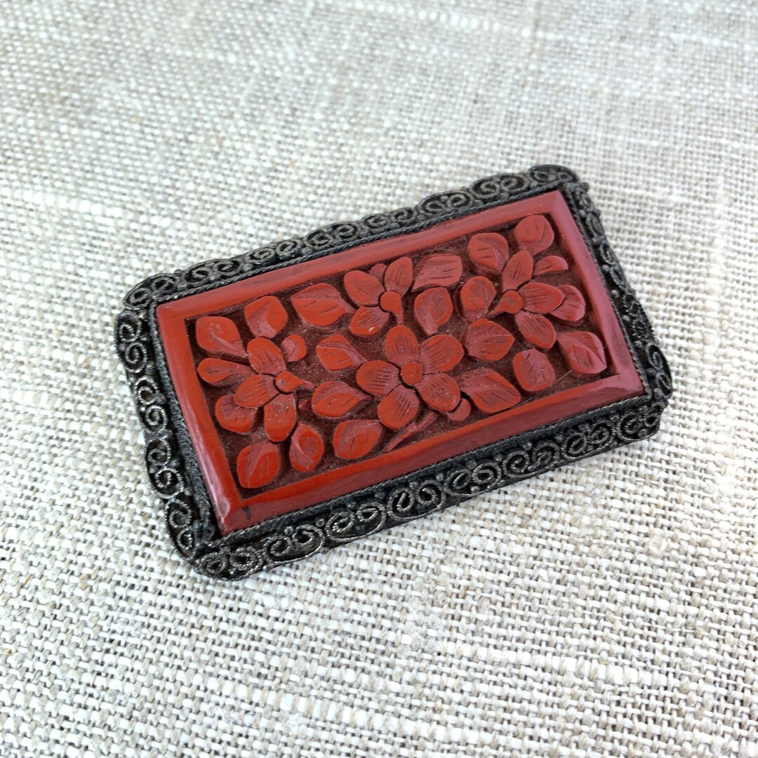 Antique Cinnabar Brooch, Rectangular Red Lacquer Floral Pin #4765 - Etsy