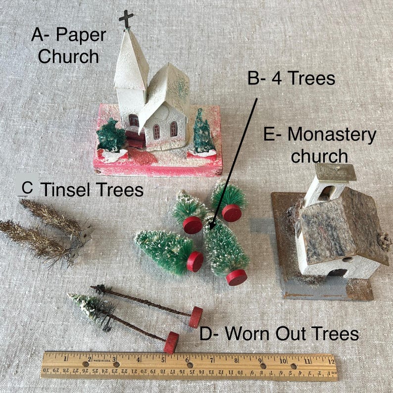Vintage Miniature Winter Village Bottle Brush and Tinsel Trees and ...