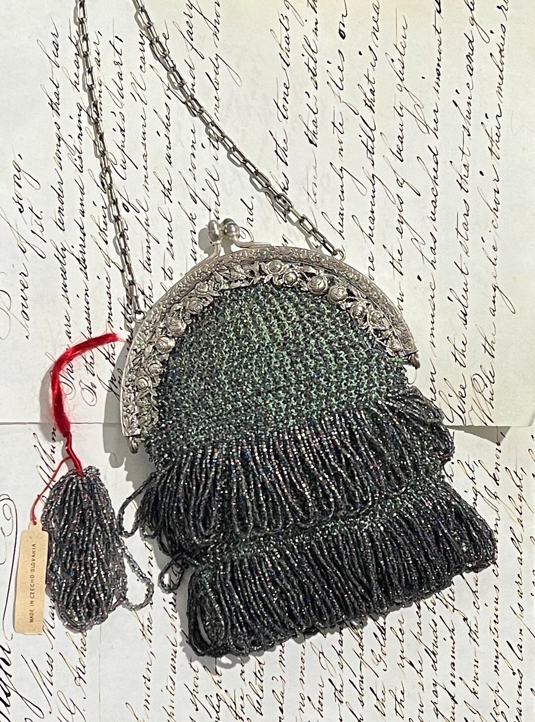 1920s Beaded Purse, Green Glass Beads and Fringe With a Chain Handle ...