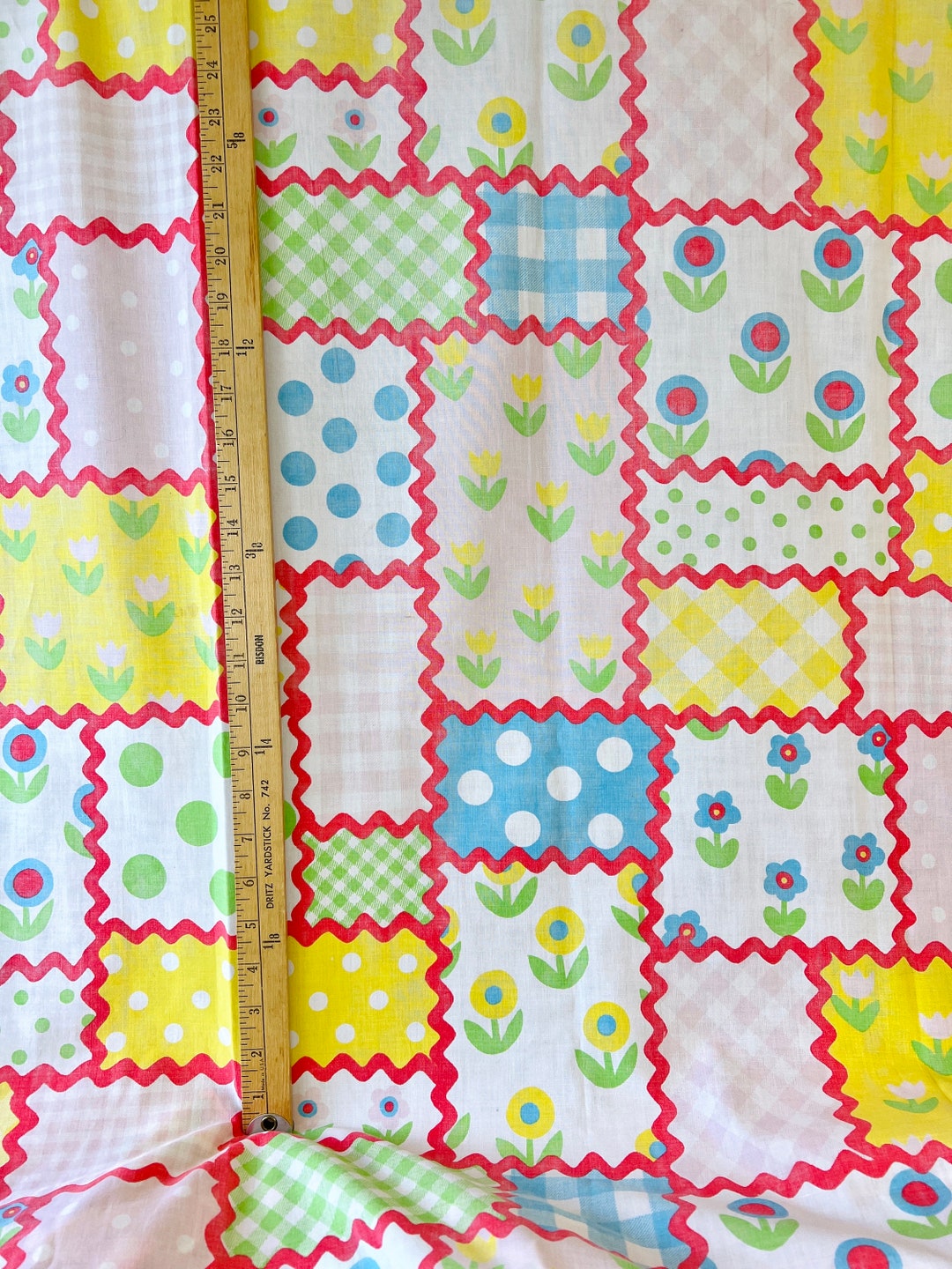 1970s Twin Flat Sheet Sears Groovy Patchwork Floral and Rick Rack Print ...