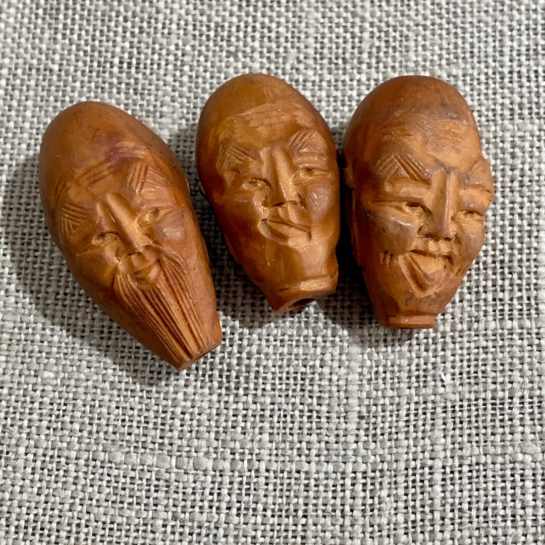 3 Vintage Chinese Hediao Beads, Carved Olive Nut Buddha Faces #4533 - Etsy