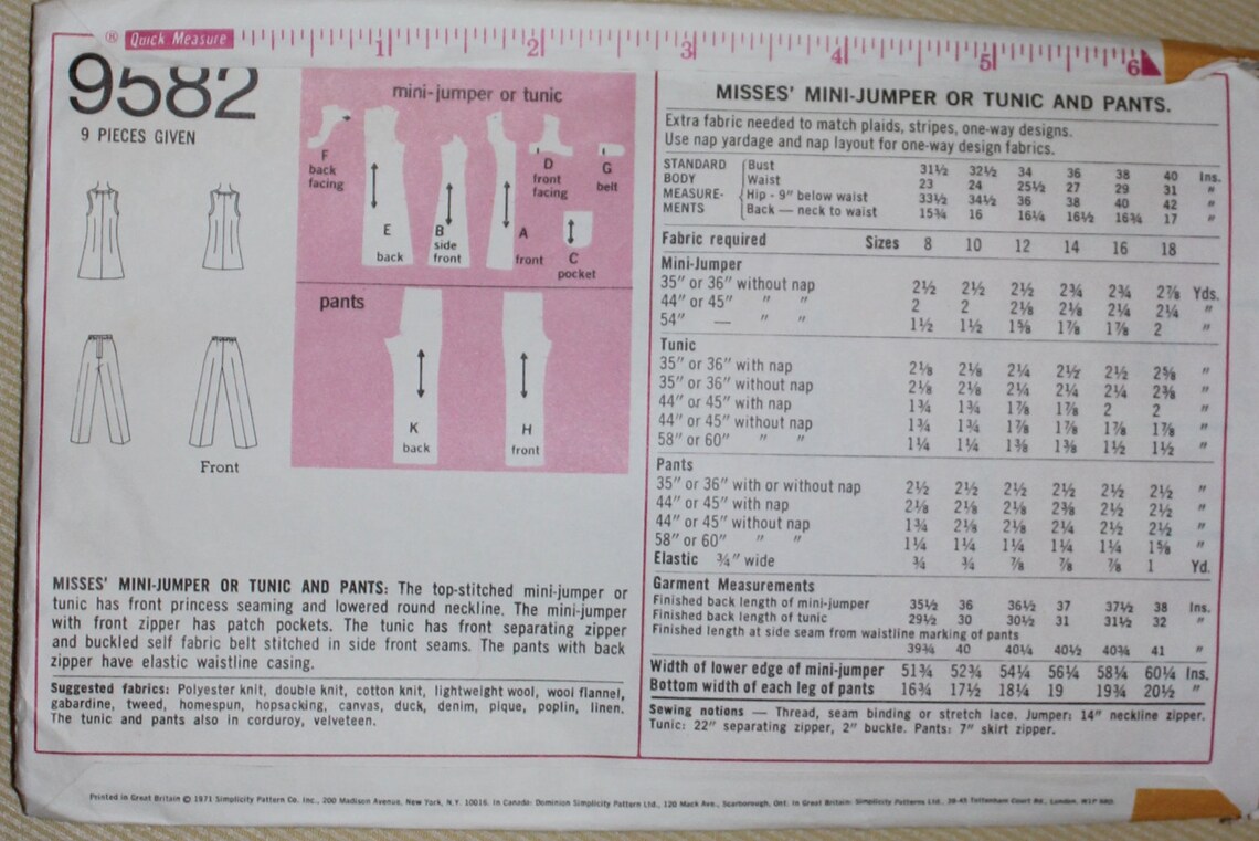 1970s Mod Simplicity Sewing Pattern 9582: Pantsuit, Jumper, Mini Dress ...