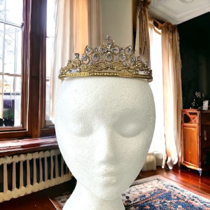 1960s Vintage Rhinestone Tiara, Detailed Gold Crown Hair Accessory 6034 ...