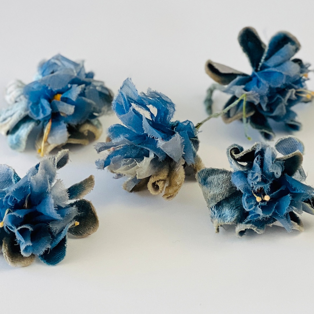 As is 1920s Millinery Velvet Flower Blossoms Blue Sheer Cotton and Silk ...