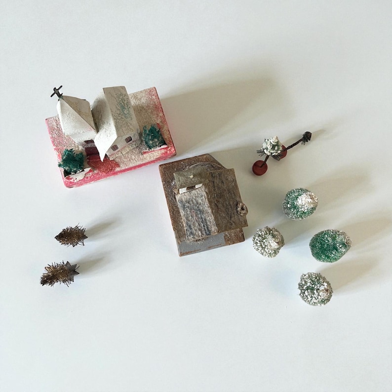 Vintage Miniature Winter Village Bottle Brush and Tinsel Trees and ...